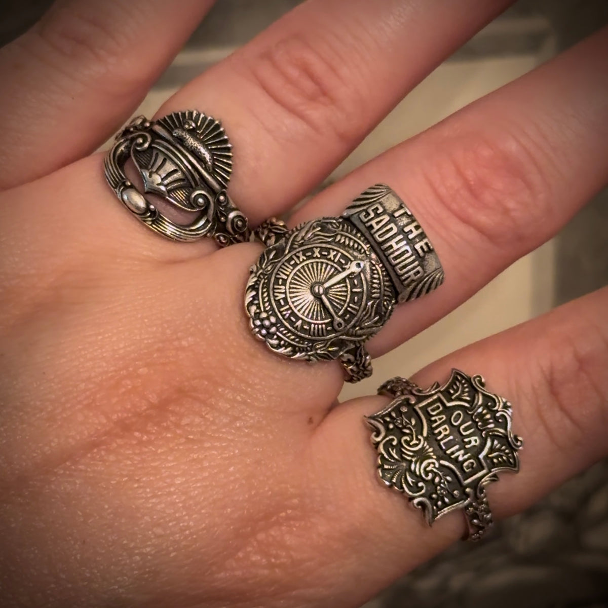 Sad Hour Clock Casket Plaque Ring Antiqued Sterling Silver – Velvet ...